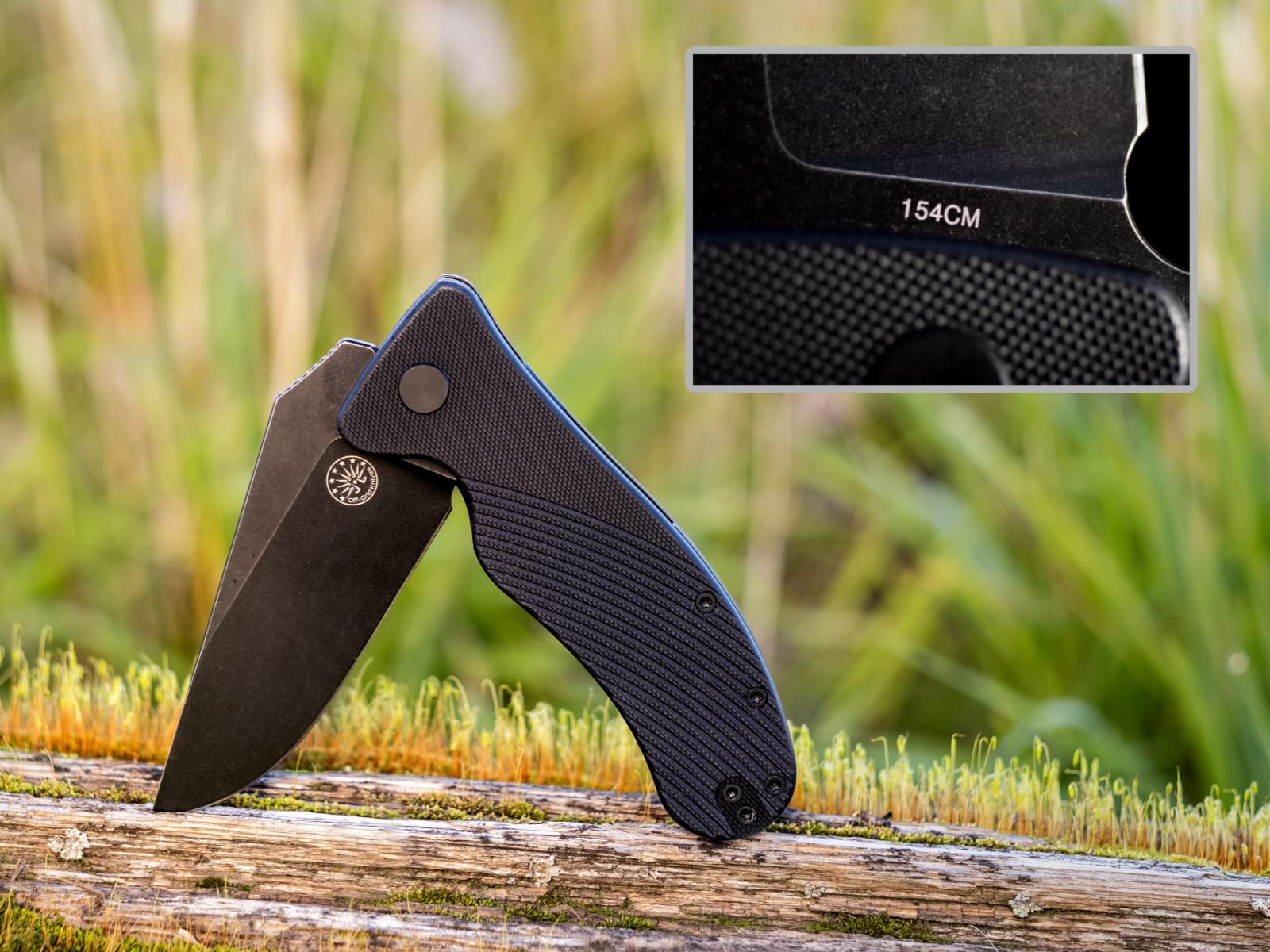 Off-Grid Knives - Rhino V2 with 154CM Steel, Textured G10, Tumbled Black Finish, Large Folding EDC Knife, Ceramic Ball Bearings, HRC 61, Deep Pocket Carry (Blackout)