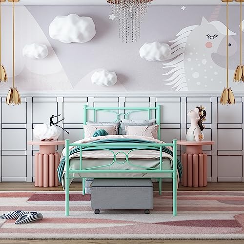 Twin Bed Frames with Storage for Girls Twin Beds for K'ids Metal Platform Bed Frame/Mattress Foundation/No Box Spring Needed/Steel Slat Support, Green