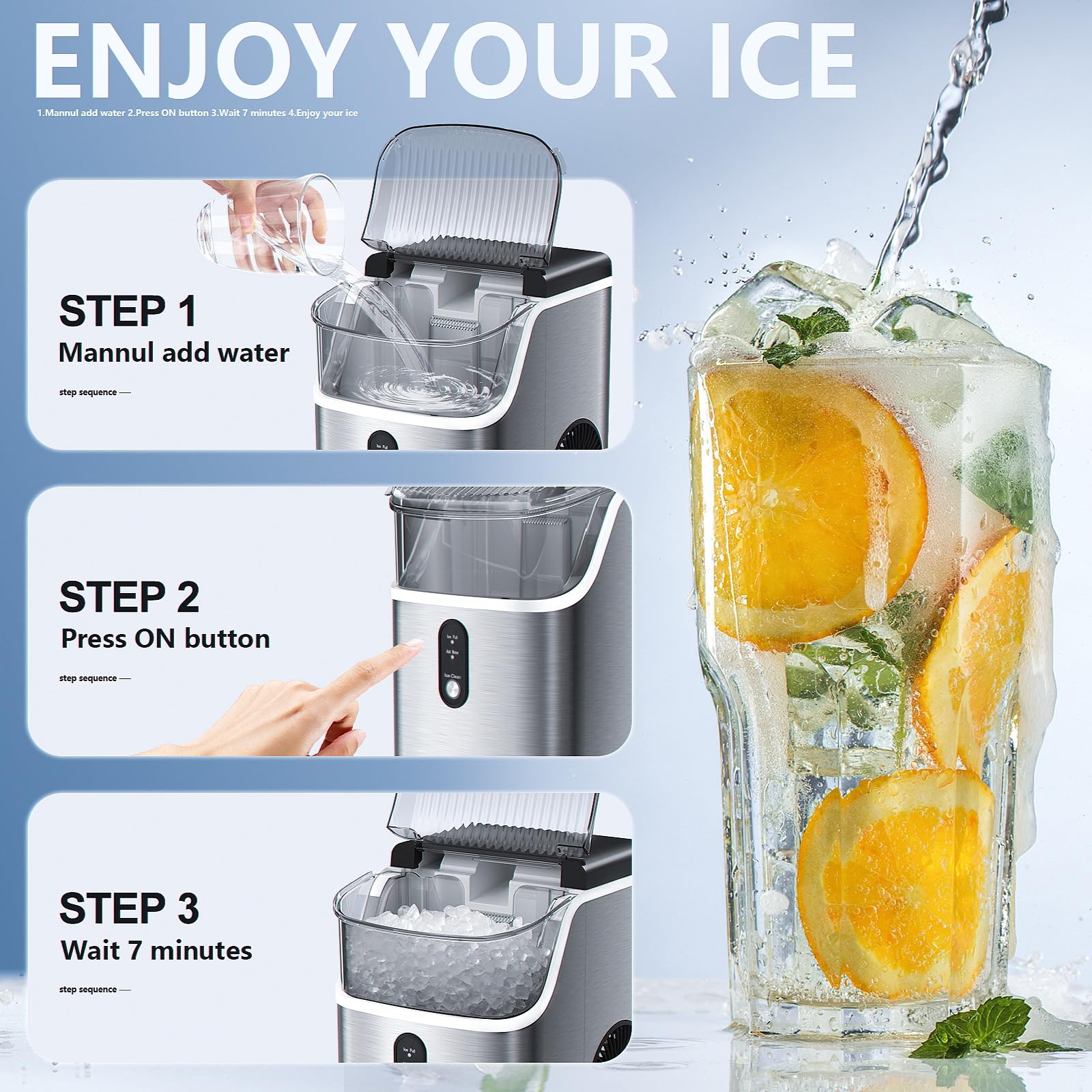 ZAFRO Nugget Ice Maker Countertop,One-Click Self-Cleaning Portable Ice Machine with Ice Scoop and Basket,Soft Chewable Ice in 7 Mins,35lbs/24H,for Home Kitchen Office Party,Stainless Steel Silver