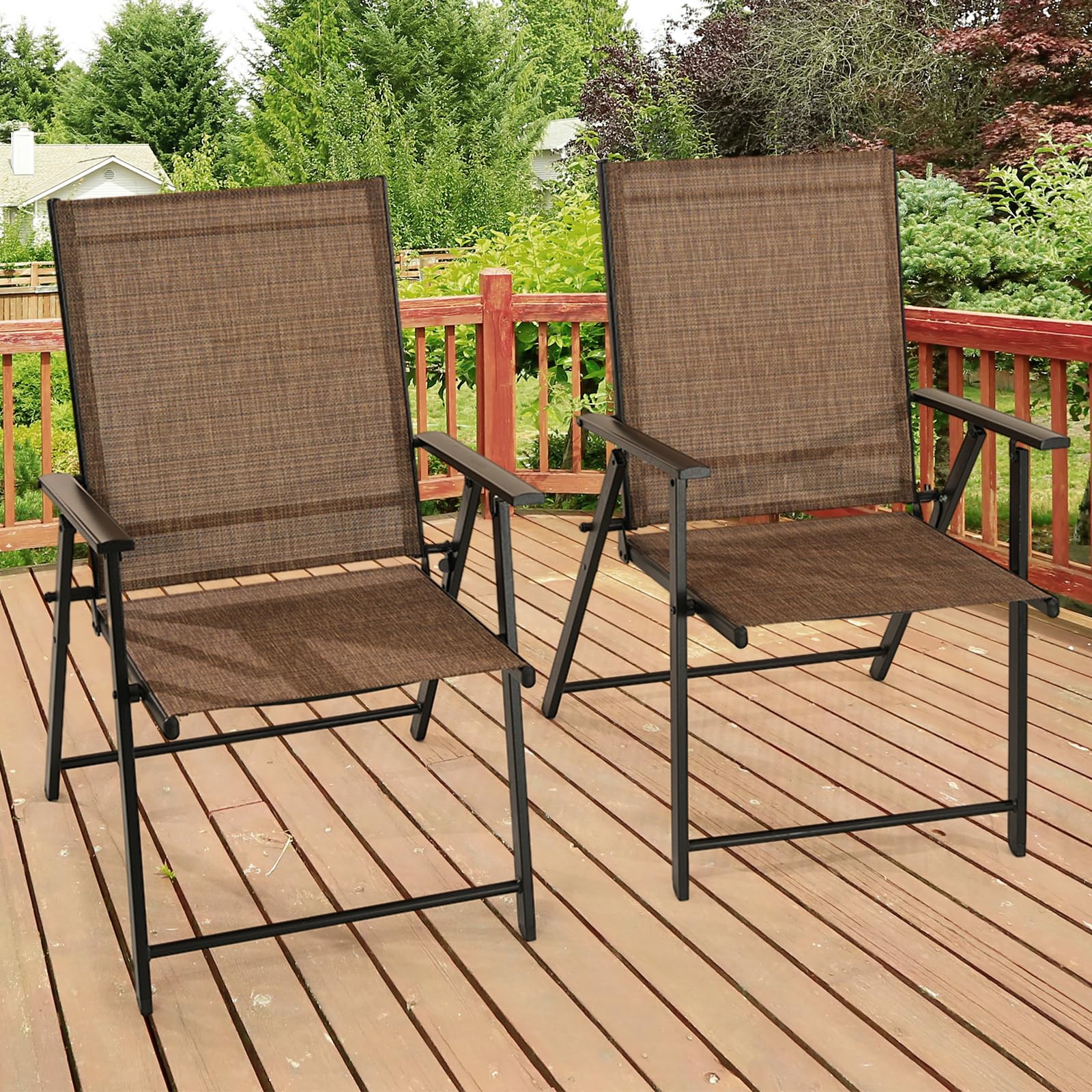 SJGUOJI Patio Folding Chairs Set of 4, Outdoor Lawn Chairs with Rustproof Metal Frame, Portable Dining Chairs for Porch, Deck, Garden, Backyard, Camping（Brown）