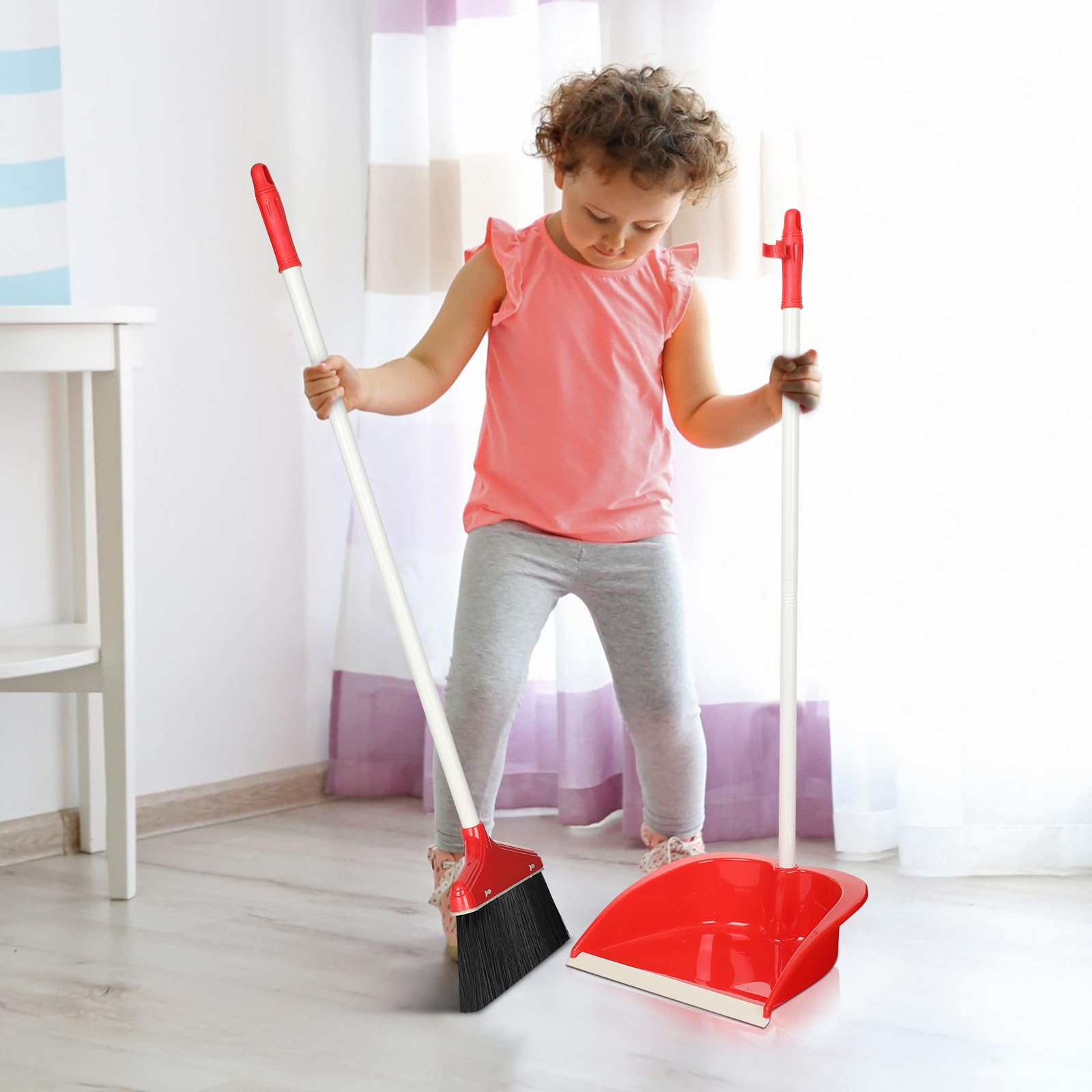 WILLBOND 12 Set Broom and Dustpan Set, Long Handle Broom with Upright Standing Dustpan, Broom with Dustpan Combo Set for Outdoor Kitchen Lobby Office Floor Cleaning (Red)
