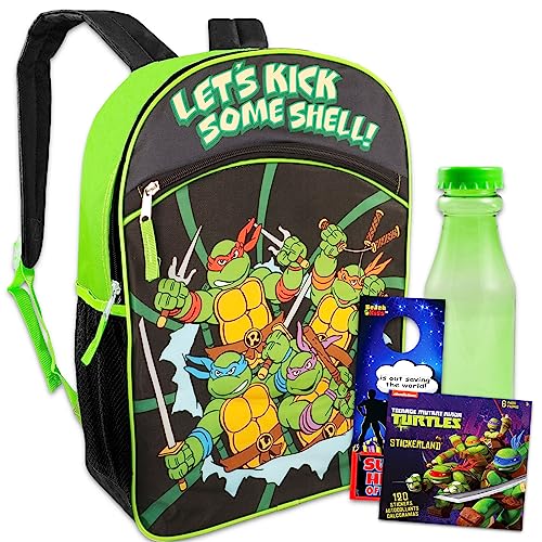 Teenage Mutant Ninja Turtles Backpack Set - Bundle with 16” TMNT Backpack for Boys, Water Pouch, Stickers, More | TMNT Backpack for School