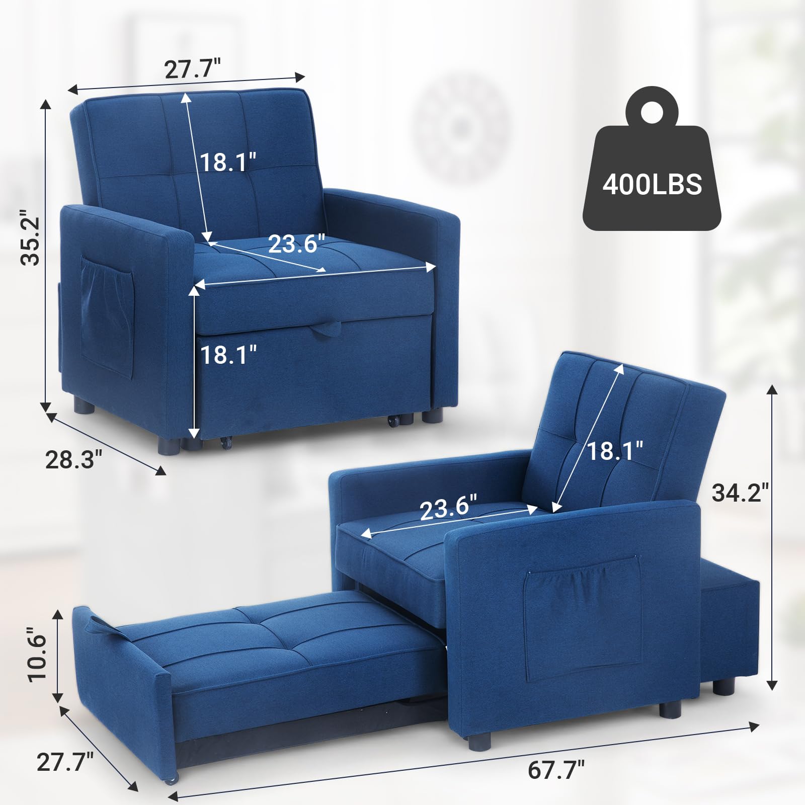 Skepphlay 3 in 1 Sofa Bed, Pull Out Couch with 3-Level Adjust Backrest, Convertible Loveseat with 2 Side Pockets, Sleeper Chairs for Adults, Modern Recliner for Living Room, Small Space, Blue