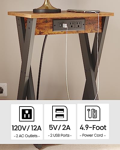TUTOTAK End Table with Charging Station, X Shaped Side Table with USB Ports and Outlets, Nightstand, 2-Tier Storage Shelf, Sofa Table for Small Space, Brown TB01BB048