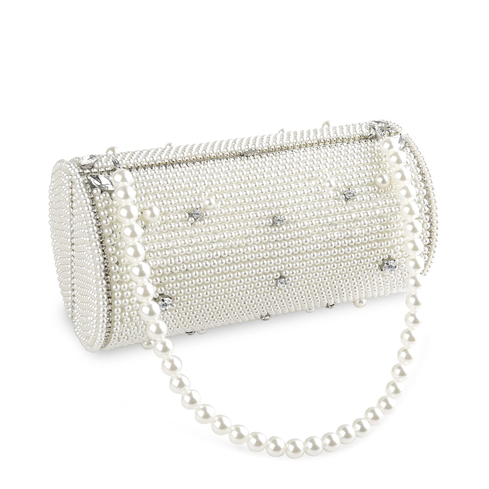Linkidea Women's Cylindrical Pearl Clutch Purse, Beaded Pearl Evening Handbags, Lady Handle Bag for Wedding Party Prom Engagement Cocktail