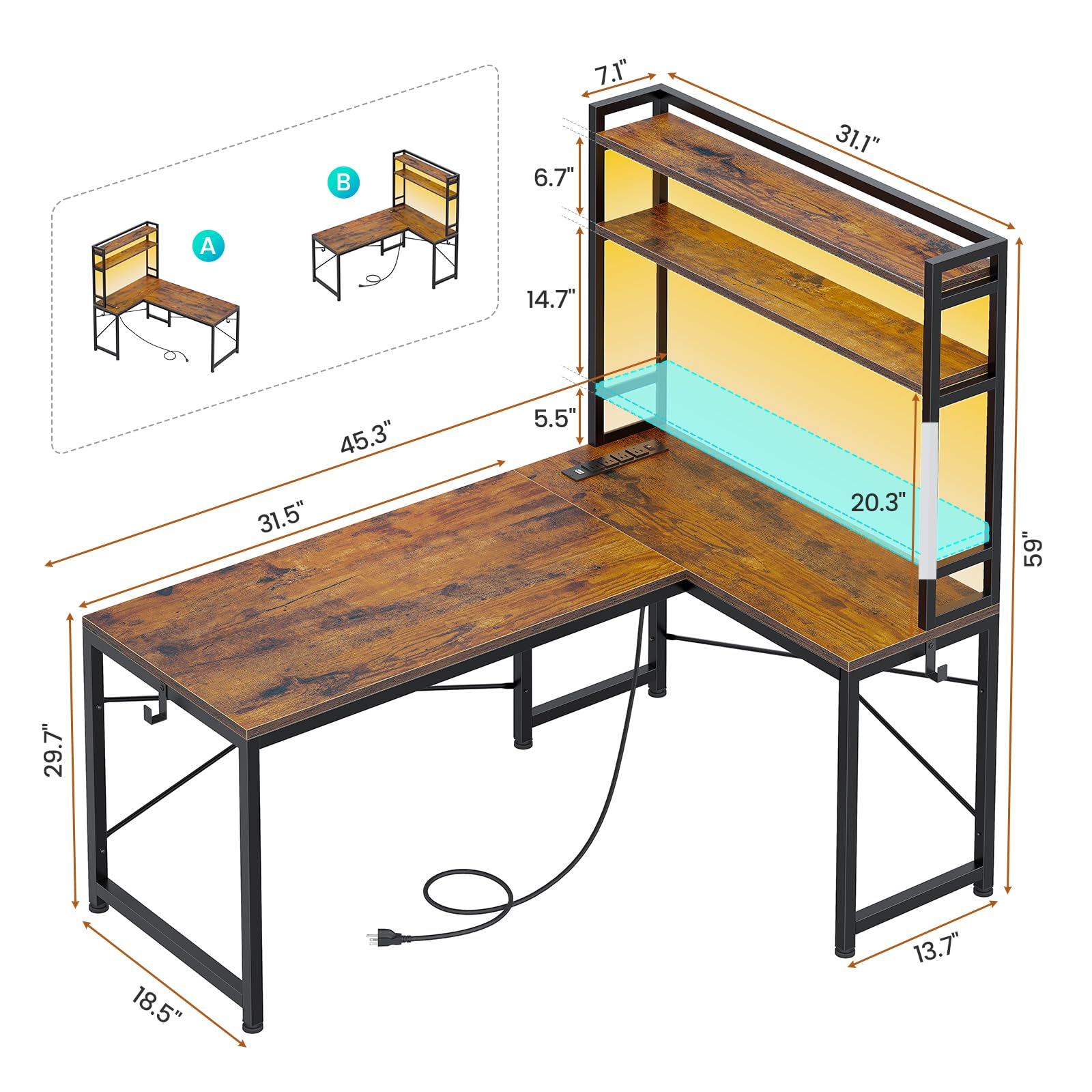 SEDETA L Shaped Desk with Hutch, 45.3β Reversible Home Office Desk, L Shaped Gaming Desk with LED Lights, Power Outlet, Storage Shelves and Hooks for Small Space, Rustic Brown