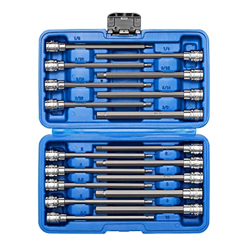 MIXPOWER 3/8" Drive Extra Deep Hex Bit Socket Set, 1/8 Inch to 3/8 Inch, 3mm to 10mm, SAE & Metric, Extra Long Allen Socket Set, CR-V and S2 Steel, 18 Pieces Set