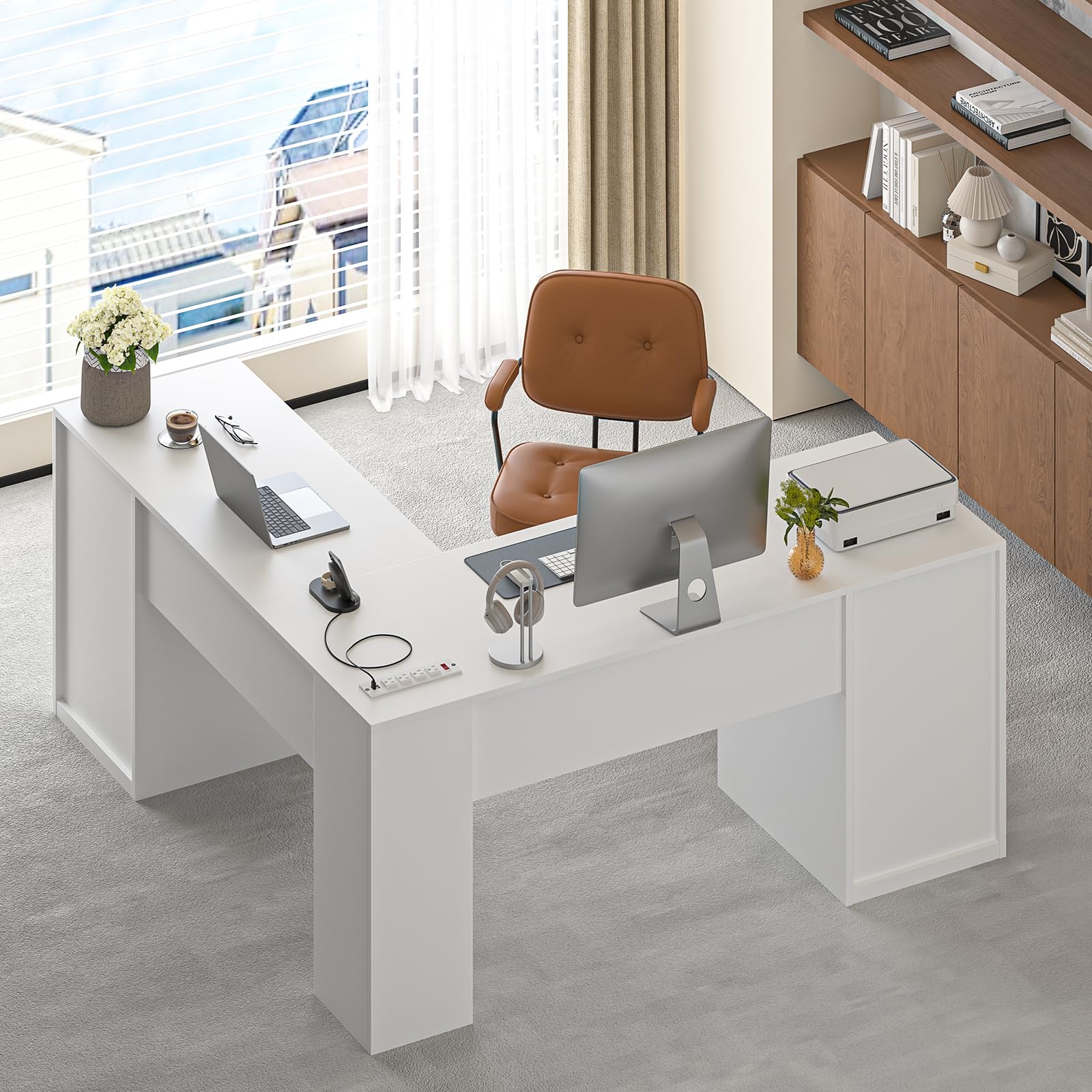 YOMILUVE 59" Farmhouse L Shaped Desk with Drawers & Storage Shelf, Corner Computer Desk with Power Outlets for Home Office, Executive Desk with Printer Shelf, White