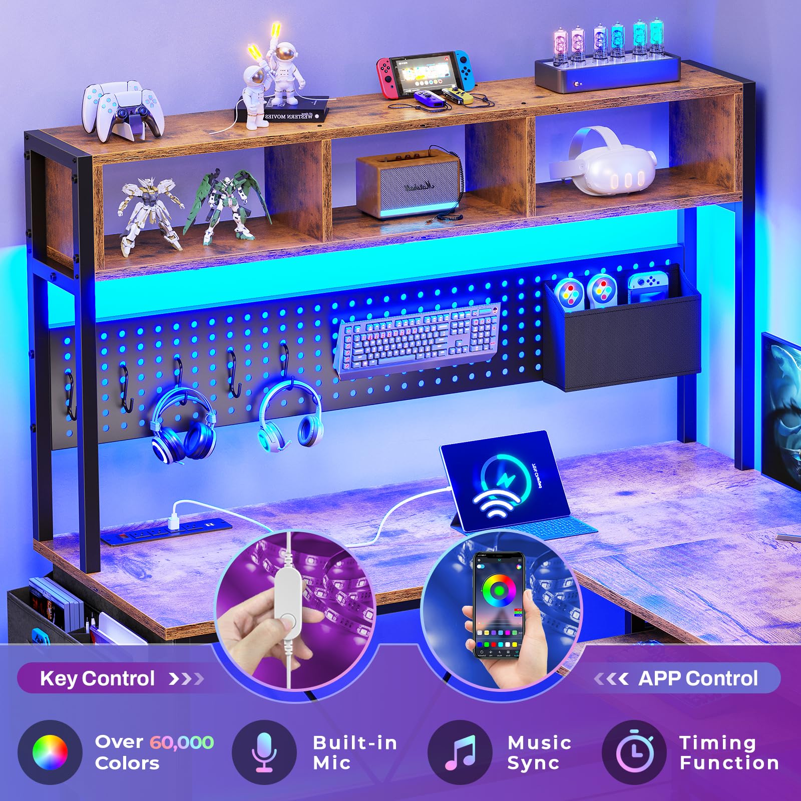 SEDETA L Shaped Gaming Desk with Hutch, 57.5β Reversible Corner Computer Desk with Storage Shelves, Gaming Desk with Pegboard, LED Lights, Power Outlet, Keyboard Tray (Rustic Brown)