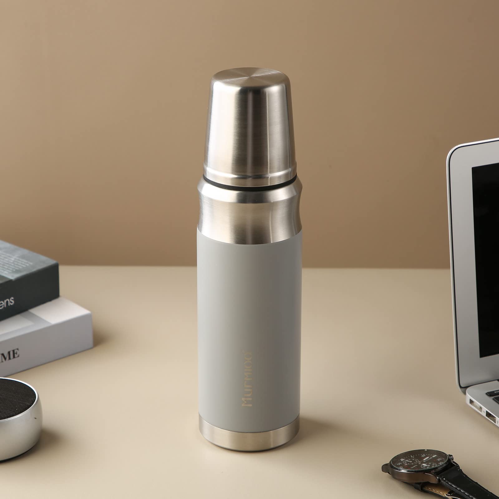 Murmioo travel vacuum flask,stainless steel insulated bottle, built-in cap cup, cold for 24 hours, heat for 12 hours, BPA Free leak proof, sweat free 17oz/500ml Gray