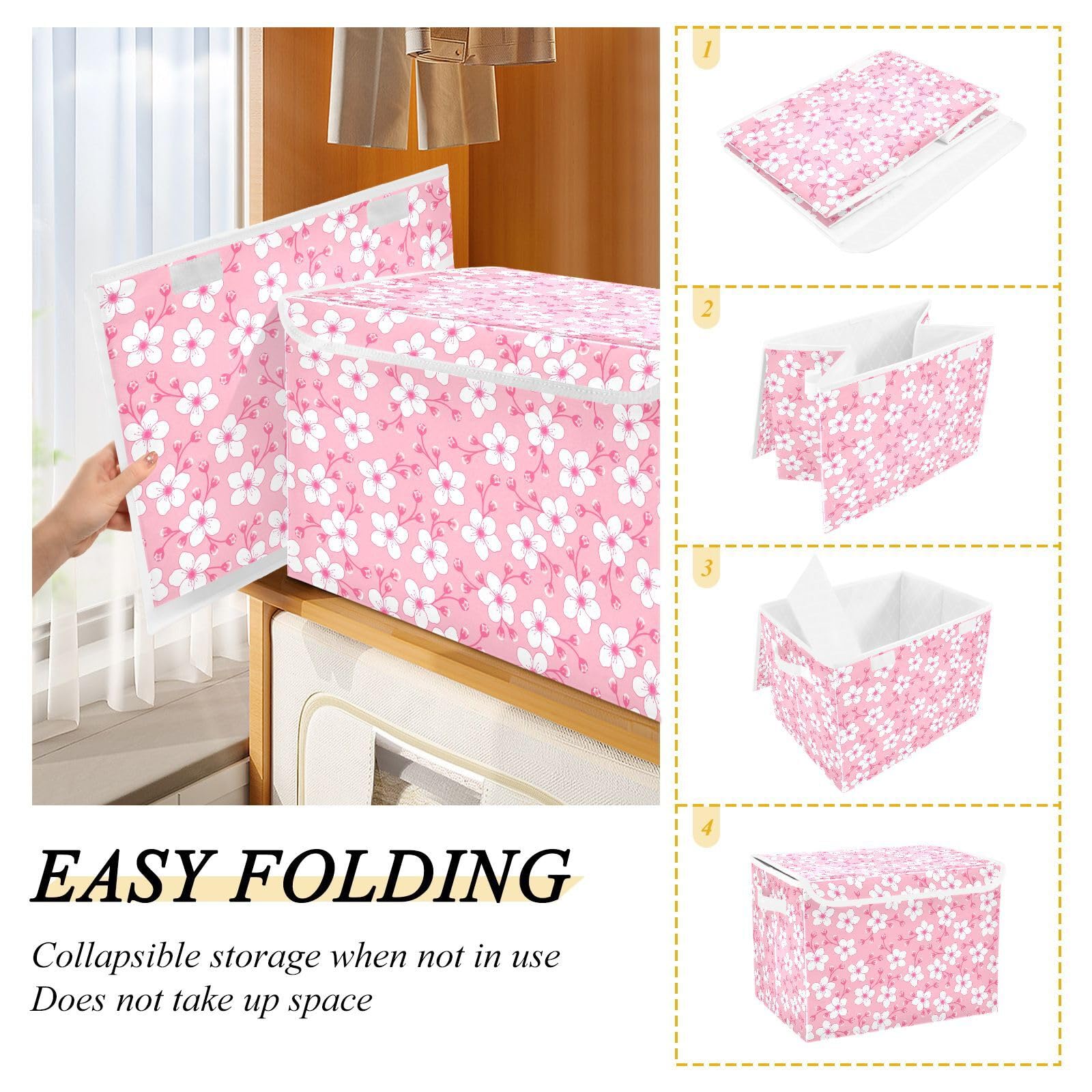 White Pink Cherry Blossom Storage Bins with Lids Collapsible Storage Cubes Containers Box Closet Organizer Fabric Storage Basket for Bedroom Shelves Clothes Nursery Office Gifts Home Decor