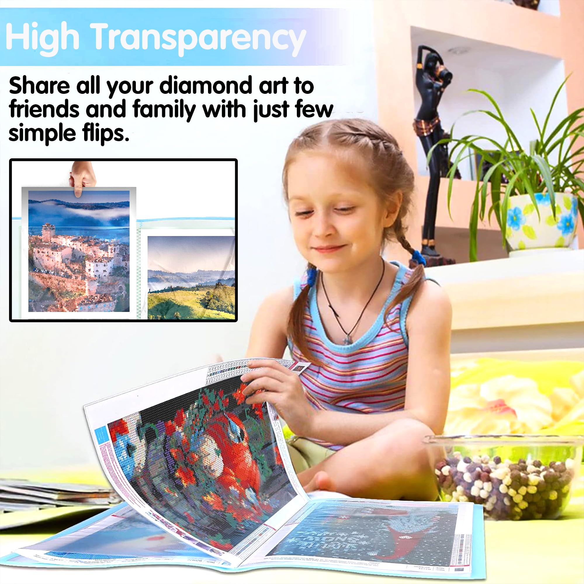 SKRYUIE A3 Diamond Painting Storage Book - 60 Diamond Painting Capacity, 30 Pages Protectors, 17.2x12.8 inches, Portfolio Folder for Diamond Painting Presentation and Organization - Blue