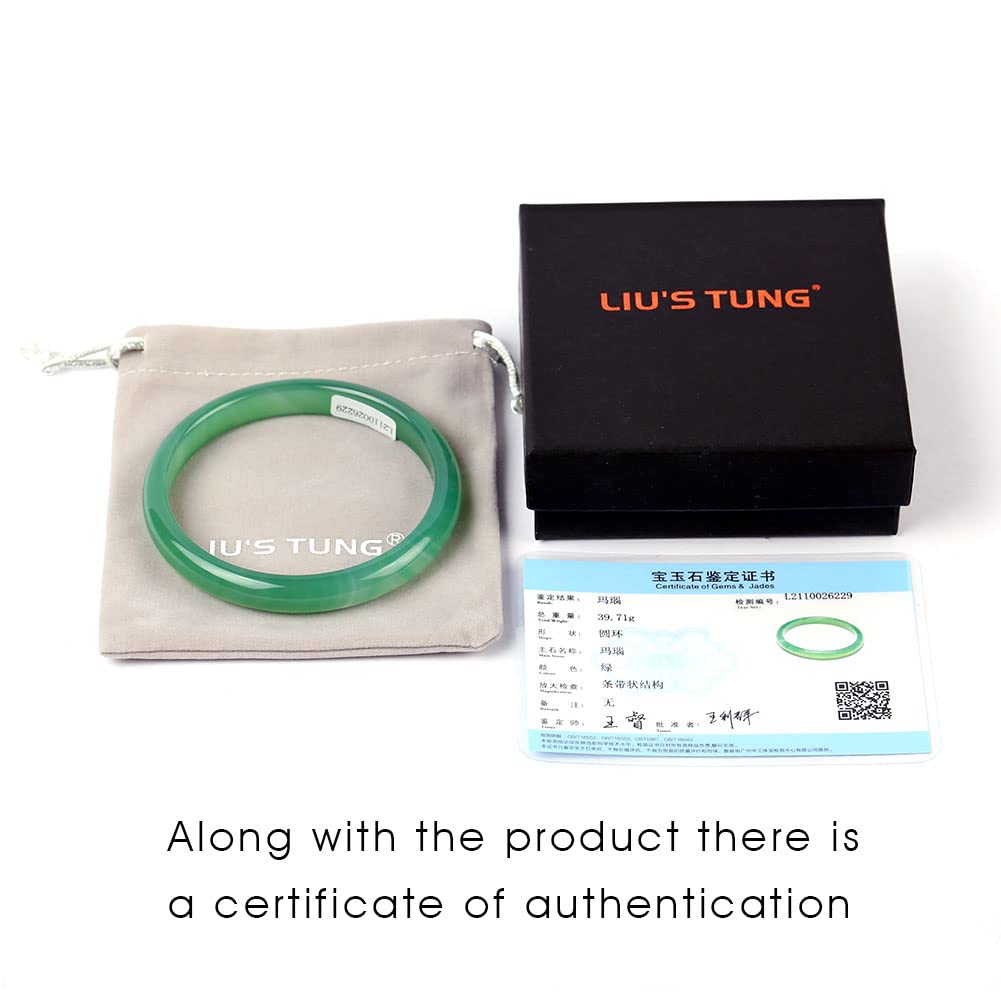 LIU'S TUNG Jade Bangle Bracelet for Women Girls Classcial Retro Chinese Style Natural Green Agate Bangle (Green, Medium Size (60-62mm))