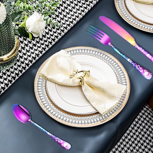 Skull Rainbow Silverware Set, Skeleton Flatware Set, Halloween Silverware Set, Gothic Unique Skull Pattern Design, Stainless Steel Silverware, Dishwasher Safe (20, Rainbow)