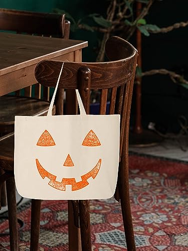 shop4ever Orange Jack O' Lantern Pumpkin Face Halloween Trick or Treat Jumbo Heavy Canvas Tote Reusable Shopping Bag Natural JUMBO 1