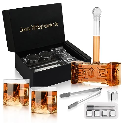 Swirbe Wine&Whiskey Decanter Set,750ml Hammer Decanter,2 Whiskey Glasses and 4 Ice stones,Wonderful Father Day Gift for Dad, Husband