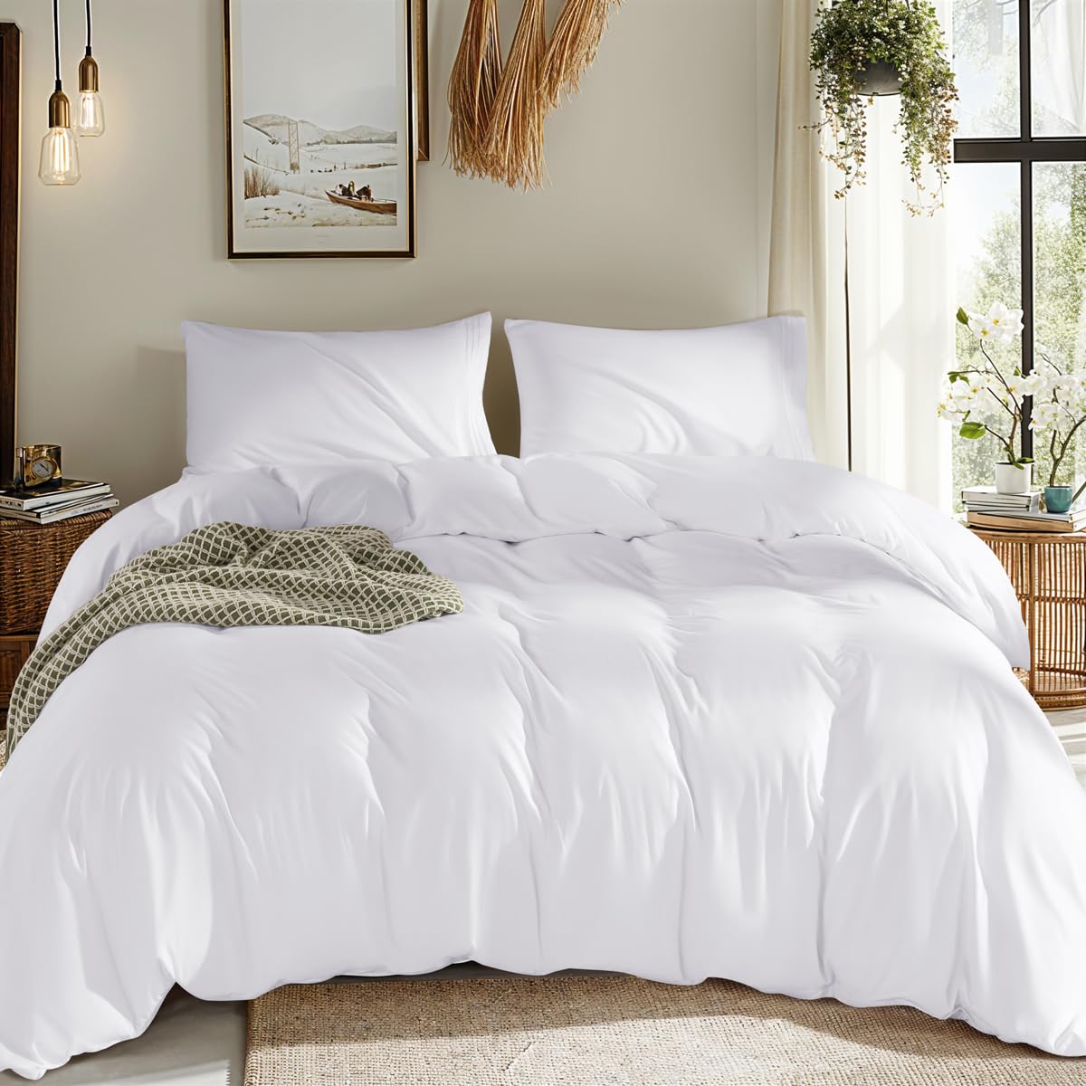 SONORO KATE Duvet Cover Queen,Washed Microfiber Queen Size Duvet Cover Set,Soft & Breathable with Zipper Closure & Corner Ties(White-8,Queen)