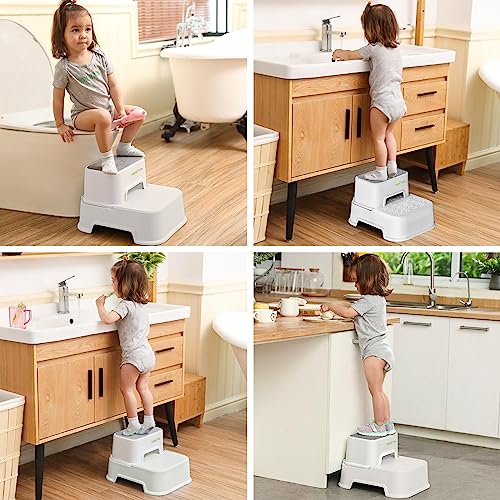 Two Step Stool for Kids, Double up Baby Child Toddler Stepping Stool for Potty Training,Bathroom Sink,Kitchen,Toilet Stool with Anti-Slip Strips for Safety, Stackable, Wide Step (2 Packs White)