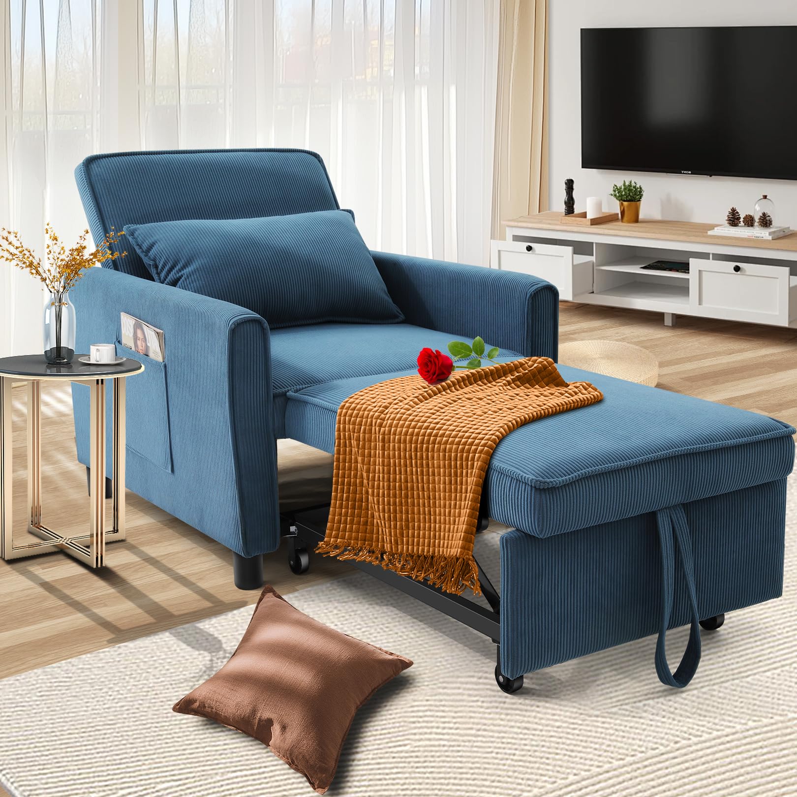 Sleeper Sofa Chair Bed, Upgrade 4-in-1 Convertible Sleeper Sofa Bed, Sleeper Chair Pullout Sofa Bed with Adjustable Backrest, Corduroy Ottoman Bed Sleeper for Living Room Apartment Office, Dark Blue