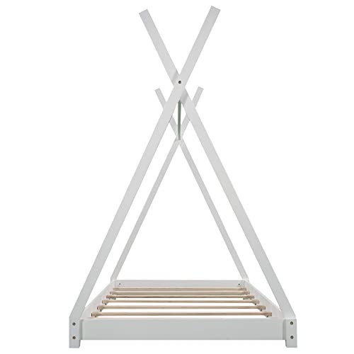 Twin House Bed, Floor Bed, Tent Bed, Wood Platform Bed Frame with Roof for Toddlers Kids Boys Girls Teens, No Box Spring Needed – White