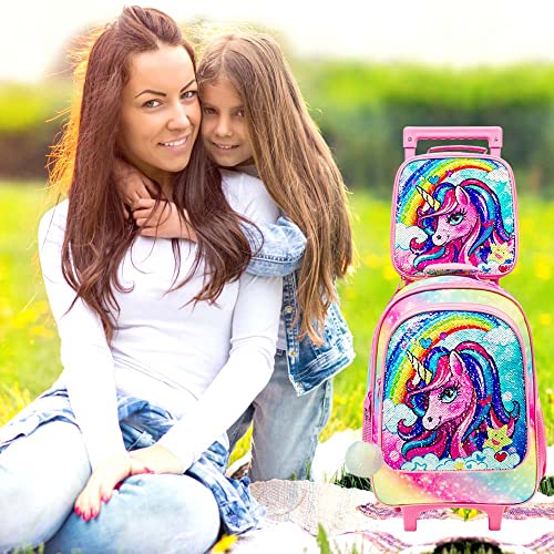 TXHVO 3PCS Rolling Backpack for Girls, Kids Rainbow Unicorn Bookbag with Roller Wheels, Cute Suitcase School Bag Set for Elementary Toddler