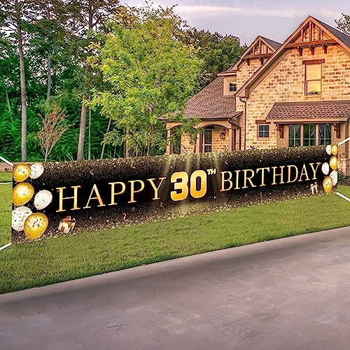 TZSS 30th Birthday Decorations for Men Women, Black and Gold Happy 30th Birthday Banner Yard Signs, 30th Birthday Indoor Outdoor Party Decorations(118" X 20")