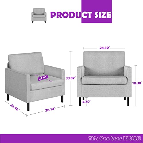 TYBOATLE Modern Upholstered Linen Fabric Accent Arm Chairs, Living Room Single Sofa Chair with Metal Legs, Comfy Reading Lounge Armchair for Small Spaces, Apartment, Bedroom, Office (Light Grey)