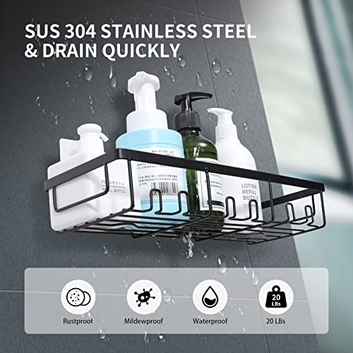 Shower Caddy Basket Shelf with Hooks, 2 Pack, No Drilling Traceless Adhesive Storage Organizer With Soap Dish Holder, 304 Stainless Steel, Wall Mounted Storage Shelf for Bathroom, Kitchen, Black