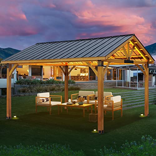 U-MAX Wooden Gazebo 14.5x11ft for Outdoor BBQ Grill and Relaxation, Sturdy Brown Permanent Pavilion for Patios, Gardens, and Lawns