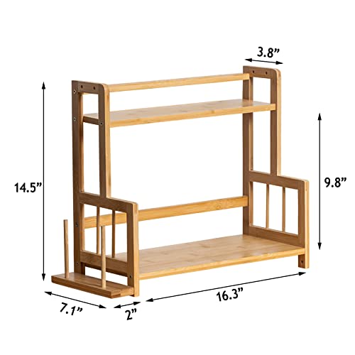 SHUOXIANG Kitchen Spice Racks, Bamboo Countertop Storage Organizer Jars Bottle Sauce Seasoning Rack Holder, 2 Tier Standing Step Shelf, Includes Knife, Cutlery, Chopping Board Storage, plus 2 Hooks