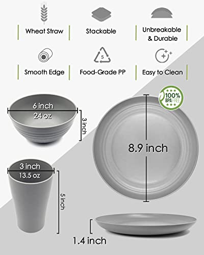 KITWILD Wheat Straw Dinnerware Sets, 12-Piece Lightweight Plastic Dinnerware Set with 8.9 Inch Unbreakable Plates, Bowl Set and Cup Set, BPA free, Dishwasher & Microwave Safe, Service for 4 - Grey