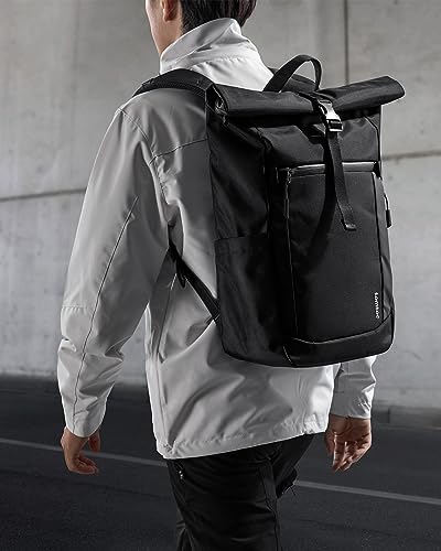 tomtoc Roll Top Laptop Backpack, Lightweight, Water-Resistant Commute Expandable Casual Daypack for 13-16 inch MacBook, Rucksack for Work College Trip, Large Capacity Adjustable 17-23L, Black