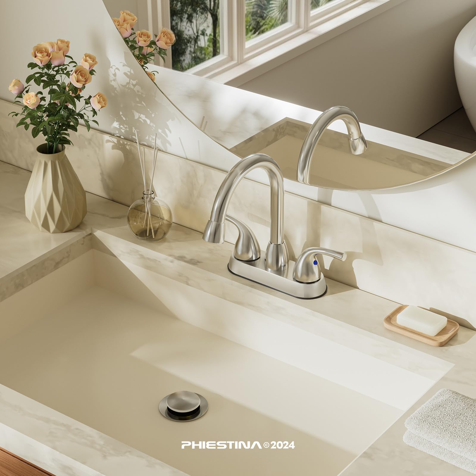 Phiestina Pull Down Sprayer Chrome 4 Inch Bathroom Faucet,3 Hole Centerset Pull Out Bathroom Sink Faucet,with 360 Swivel Spout,Metal Pop-Up Drain and Water Supply Lines,BF04007-B11-C