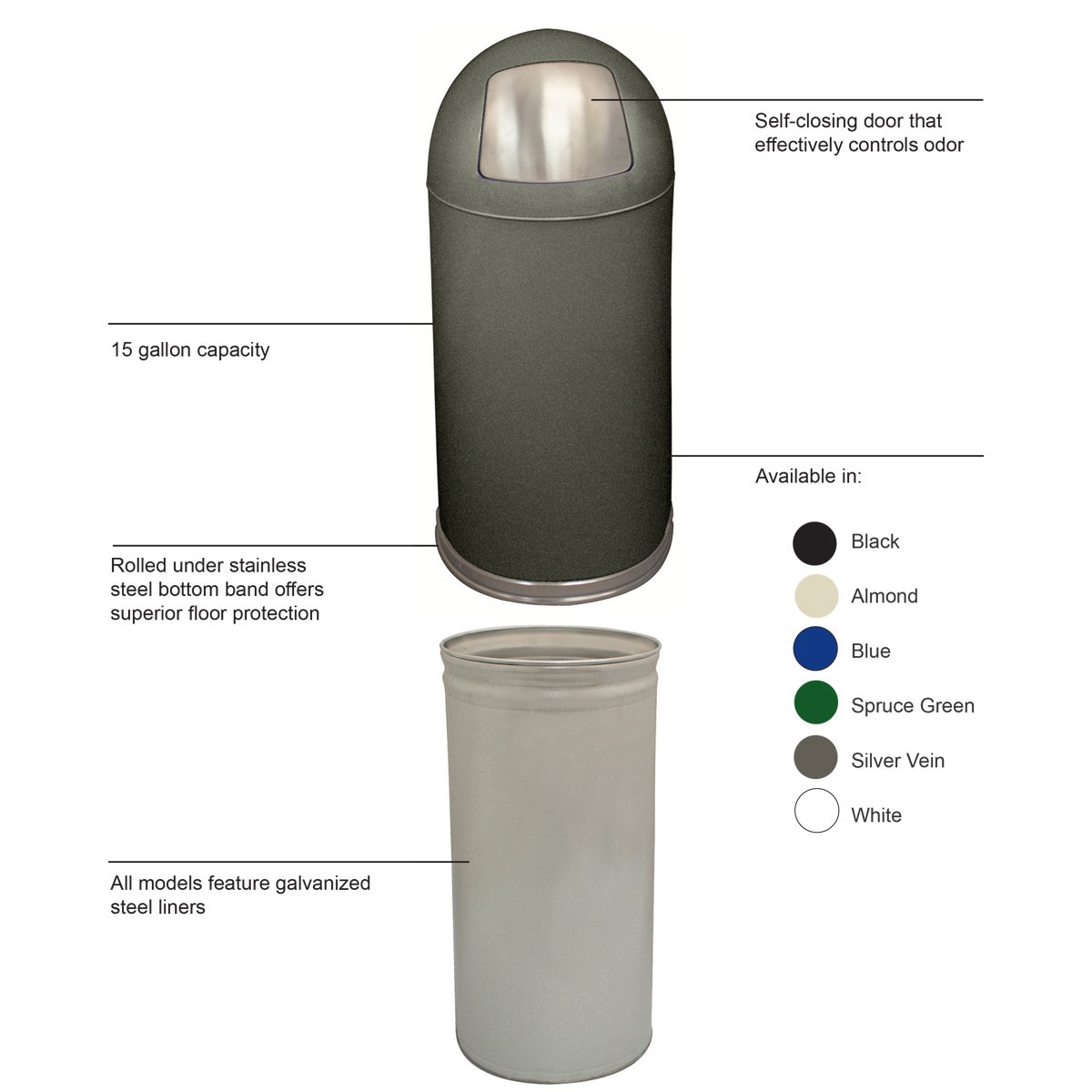Witt Industries 15DTSVN Steel 15-Gallon Standard Dome Top Indoor Waste Receptacle with Galvanized Liner and Push Door, Round, 15" Diameter x 35" Height, Silver