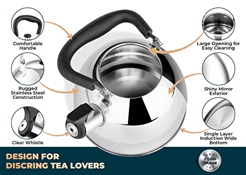 Tea Kettle for Stove Top - HIHUOS 2.2QT Whistling Teapot for Stovetop with Universal Base - Food Grade Stainless Steel Tea Pots for Stove Top - Mirror Sleek Teakettle with Cool Grip Bakelite Handle