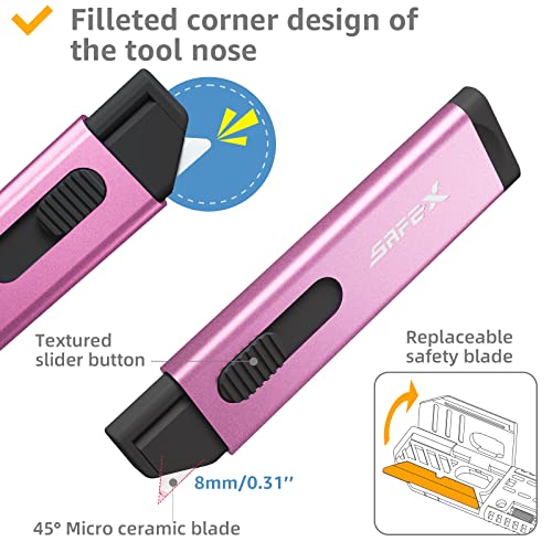 Small Retractable Ceramic Safety Cutter – Compact Box Cutter and Package Opener for Cartons and Thin Corrugated Materials (Pink, 1 Pack)