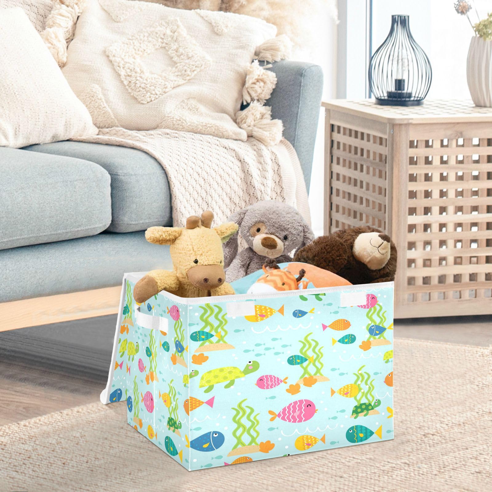 YETTASBIN Ocean Animals Storage Basket with Lid and Handles, Large Collapsible Fabric Storage Bins Durable Storage Organizer for Shelves, Closet, Bedroom, School, Office, Home Decor