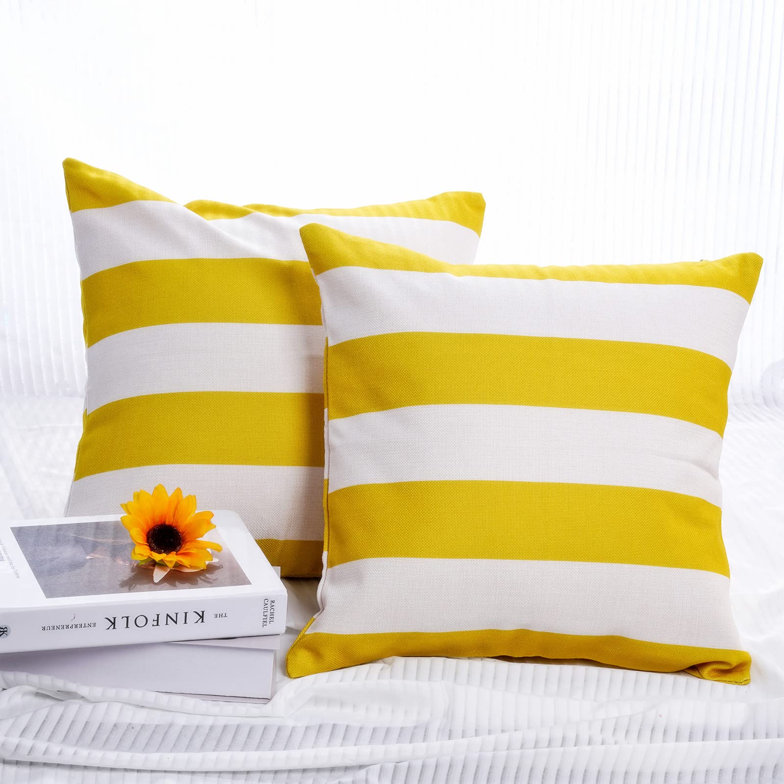 tiggell 2 Pack Waterproof Pillow Covers Outdoor Throw Pillowcases Decorative Garden Cushion Case for Home Garden Patio Couch Balcony Striped (Yellow & White, 18 * 18 inch)