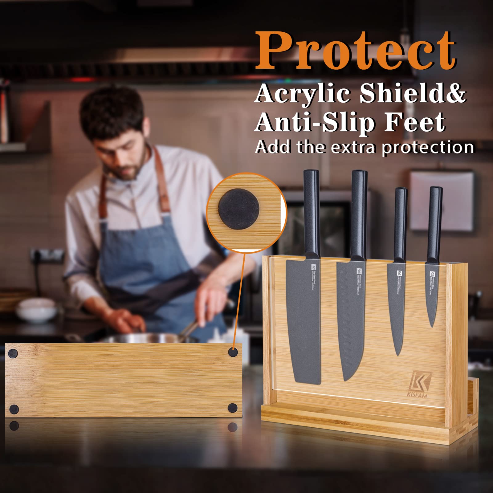 Magnetic Knife Block, Universal Knife Holder Wooden Knives Rack with Double Sided Magnetic and Acrylic Protection Shield for Kitchen Multifunctional Storage (Without Knives & Cutting Board)