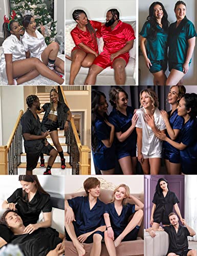SWOMOG Couple Matching Pajamas Set Satin Short Sleeve Sleepwear Silky Pj Set for Women Button-Down Two-Pieces Nightwear