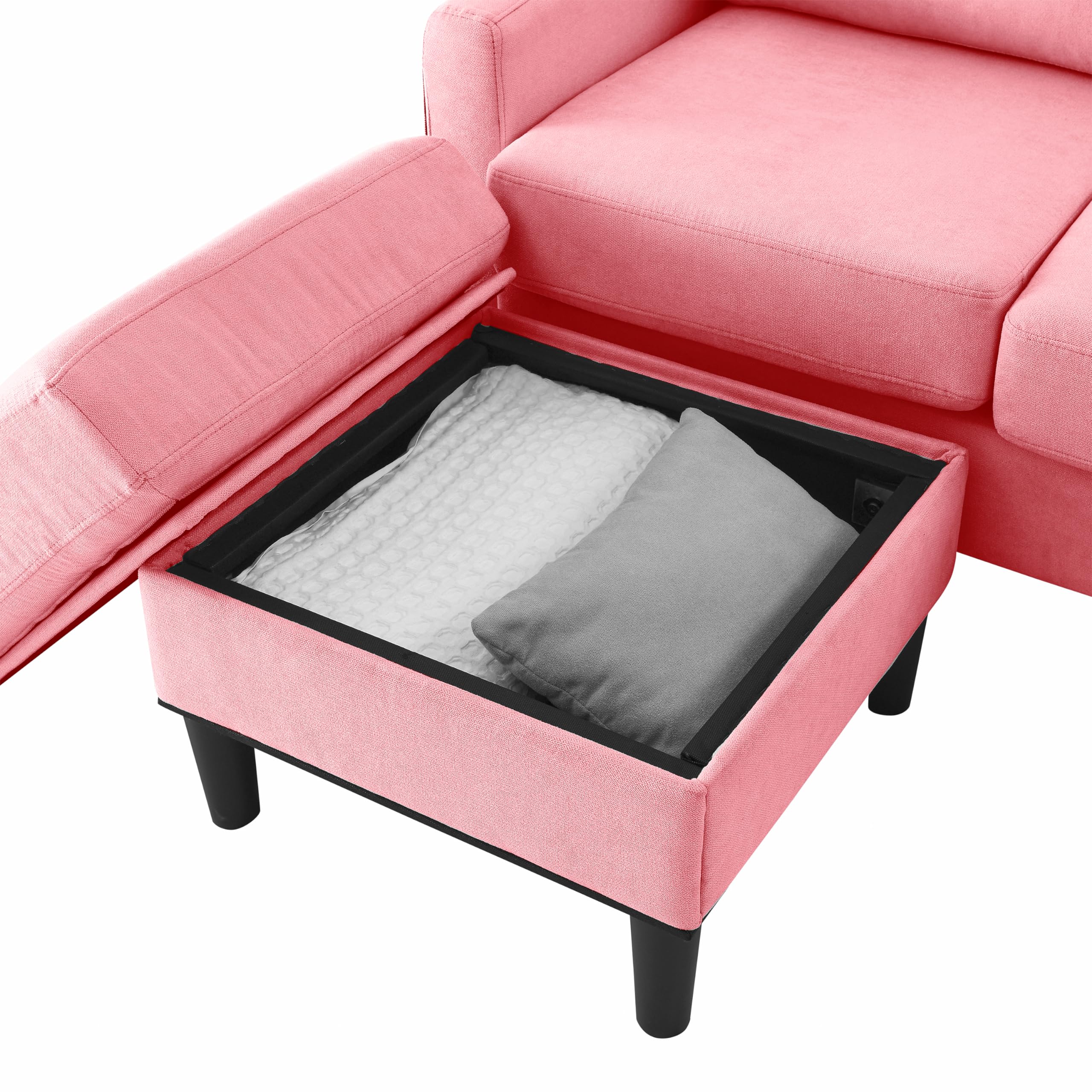 WinJoy Upholstered Sectional Sofa Couch, L-Shape Sofa Set with Removable Ottoman & Storage Seat,3 Seat Convertible Modular Sofa Bed with Reversible Chaise for Living Room, Apartment, Small Space Pink