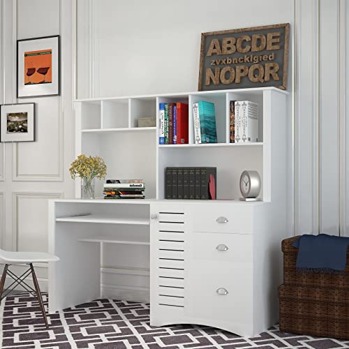 Ucloveria Computer Desk with Hutch,Home Office Wood Executive Desk with Drawers,Open Shelf,Writing Laptop Table with Keyboard Tray,File Cabinet Computer Desk for Bedroom,White