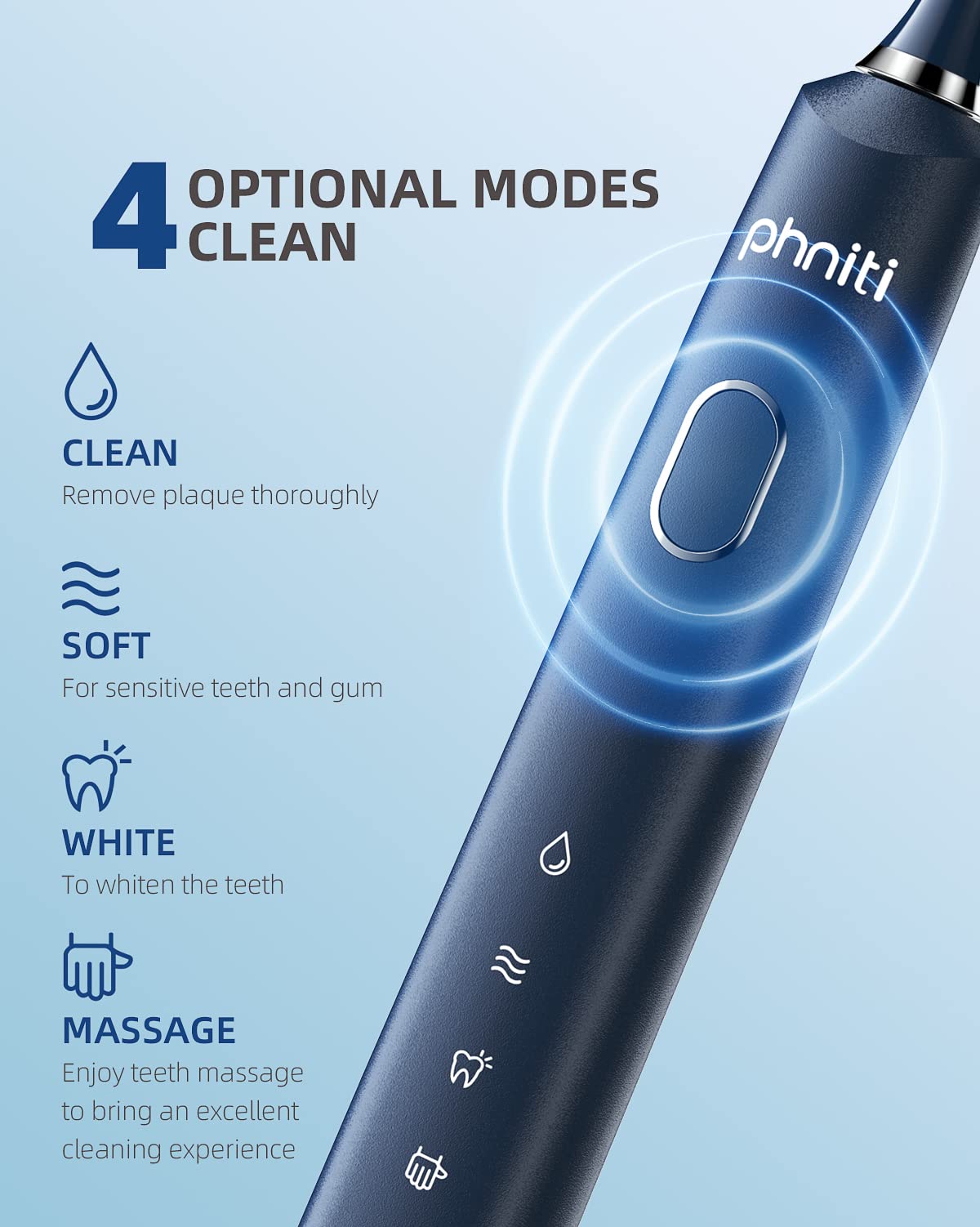 Phniti Electric Toothbrushes for Adults, Sonic Toothbrush with 8 Brush Heads,3 Hours Fast Charge,4 Modes,40,000VPM,2 Mins Timer,IPX7 Waterproof(Blue)
