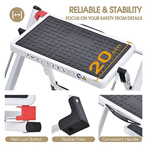 TOOLF Step Ladder, Double Side Folding Step Stool, 2 Step Portable Ladder with handdle, Large Platform,Slim Household Stepladder with Milti-fuction White
