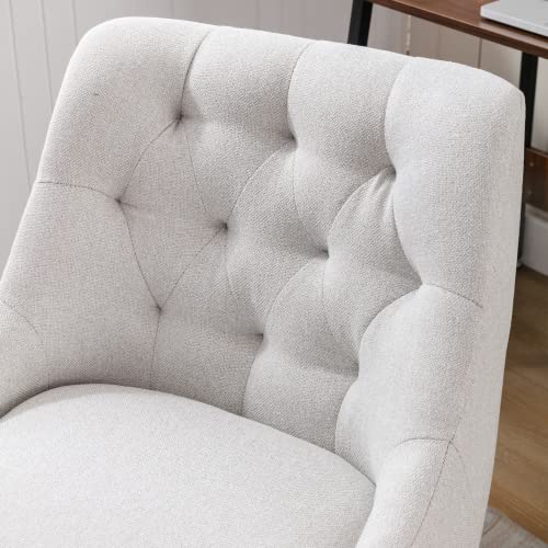 Swivel Home Office Chair, Modern Fabric Upholstered Tufted Accent Computer Desk Chair with Ergonomic Wide Backrest and Wooden Legs, Height Adjustable Swivel Vanity Chair for Office, Beige