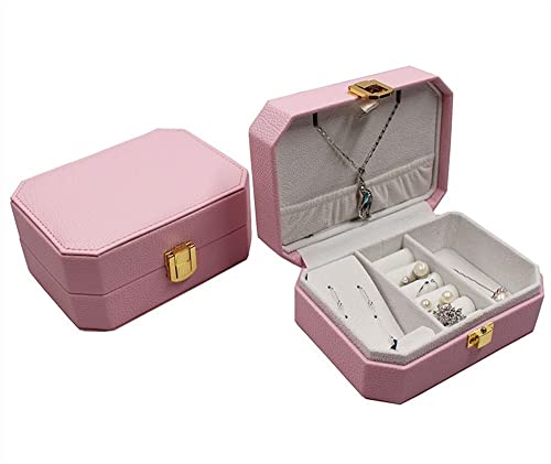TOEWOE PU Leather Jewelry Box, Travel Jewelry Box with Mirror, Small Portable Jewelry Organizer Box for Rings, Earrings, Bracelets, Necklaces, (Color : Pink)