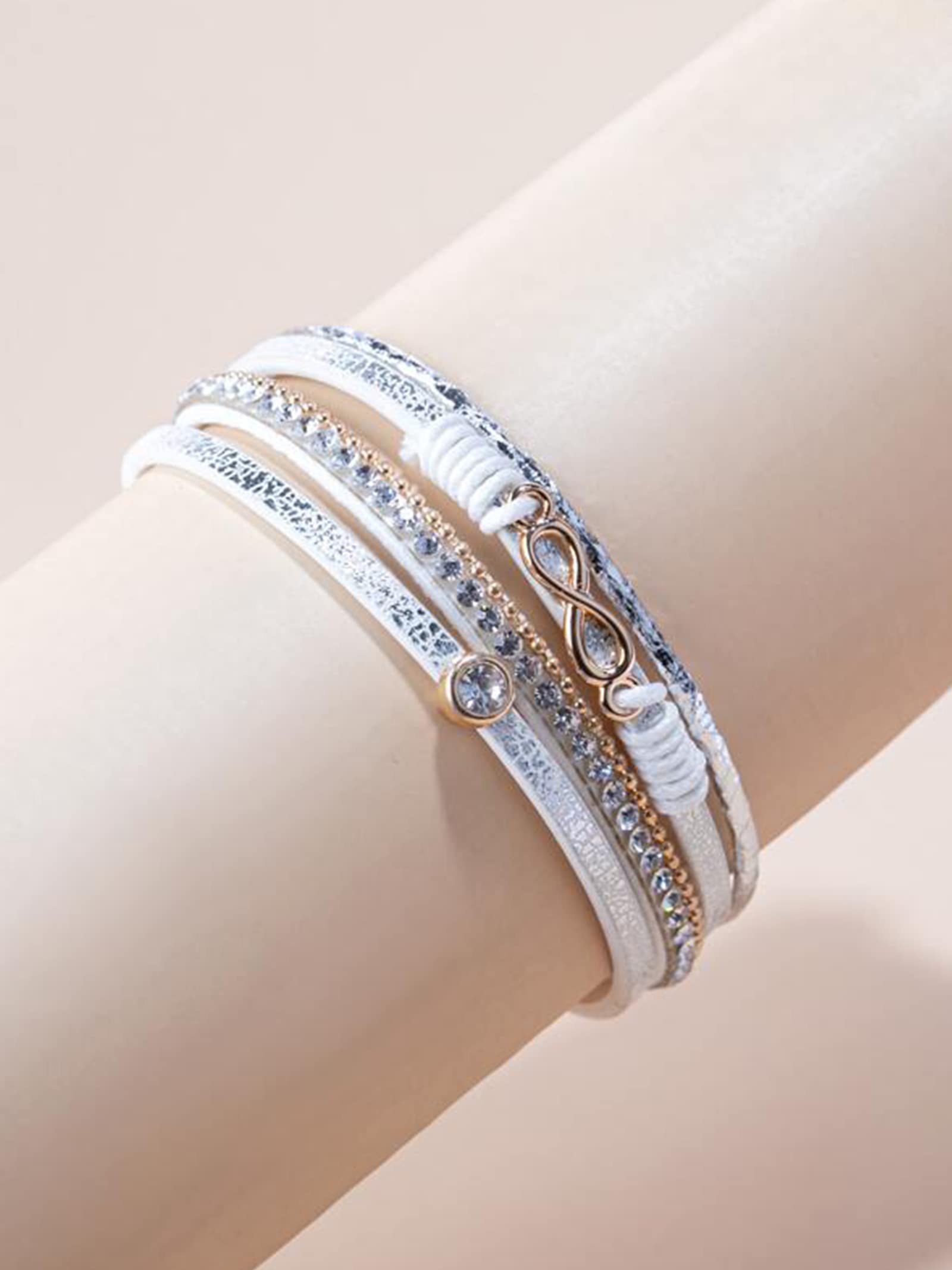Long tiantian Leather Wrap Bracelet for Women Rhinestone Infinity Bracelet Modern Boho Cuff Bracelet Womens Leather Cuff Multi Strand Bracelets for Women s(grey)