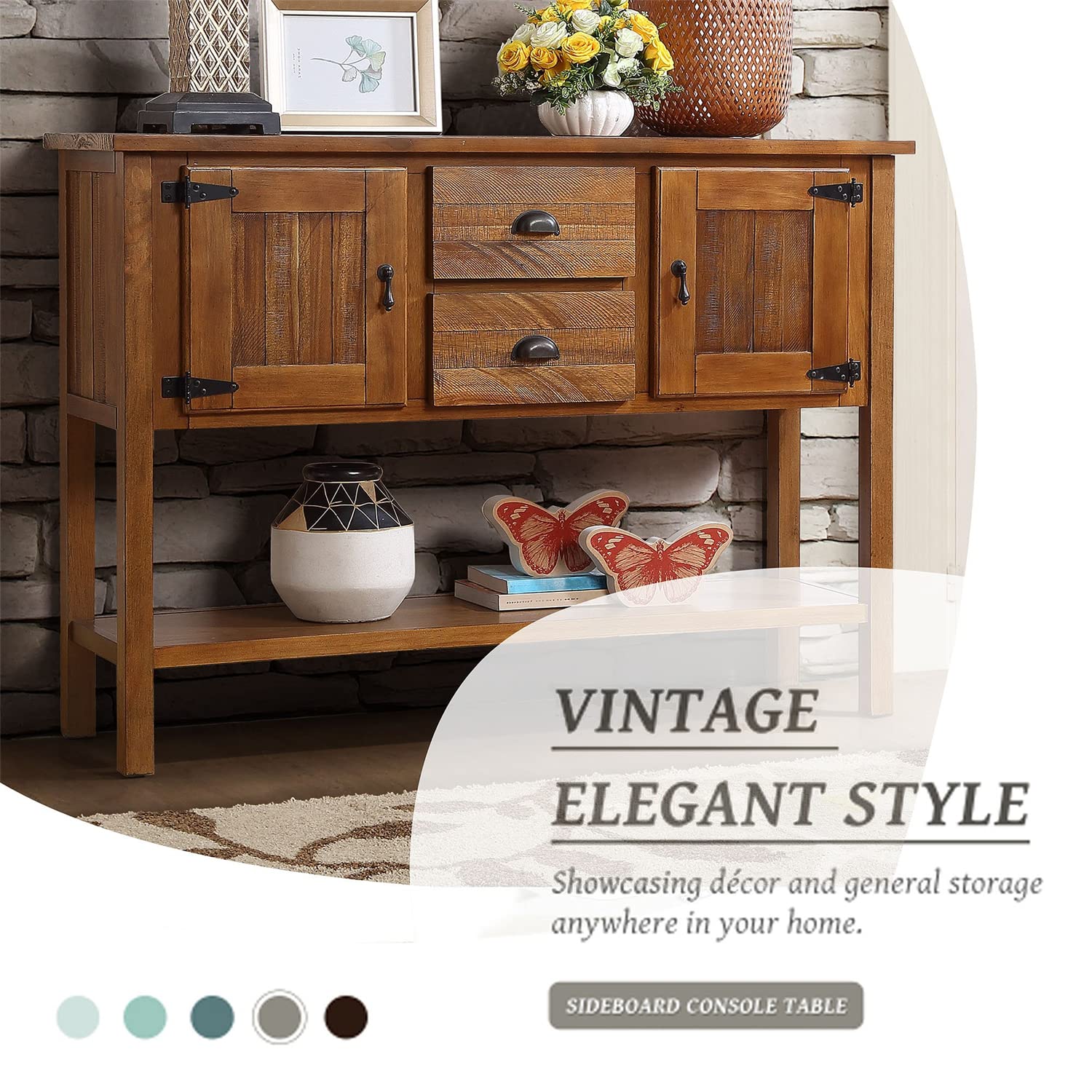 YWUFUART 48" Solid Wood Buffet Sideboard,Farmhouse Console Table with Bottom Shelf,Retro-Style Storage Cabinet for Entryway,Living Room,Dining Room,Kitchen,Brown