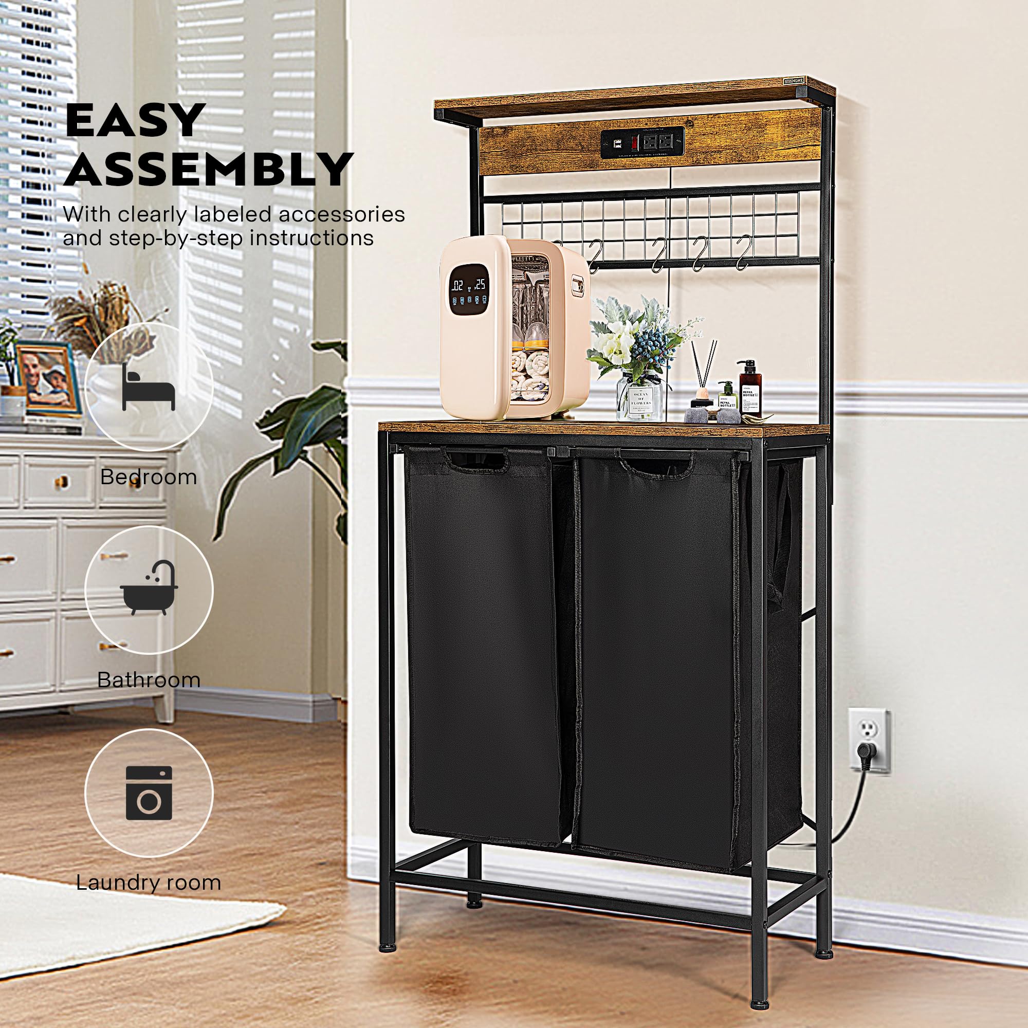 VIVOHOME Laundry Hamper with Power Outlet, Laundry Basket 2 Section, Laundry Sorter with Hooks, Shelf, 2 x 65L Removable Bags, Rustic Brown and Black