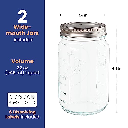 Wallaby 32oz Wide Mouth Clear Mason Jars with Lid & Seal Bands - Airtight Glass Container for Canning, Pickling, Food Storage, Candles, Home Decor, Overnight Oats, Fruit, Jam, Jelly, or DIY (2-Pack)